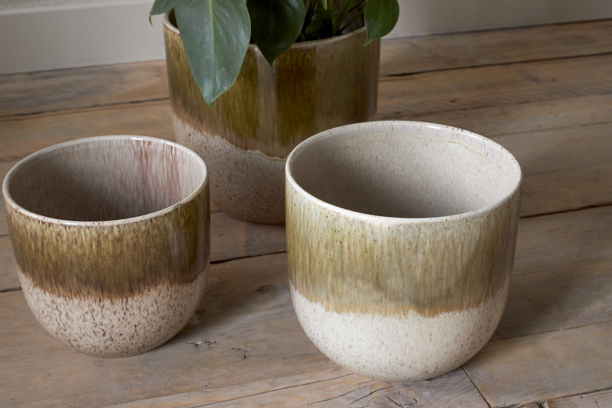 Almeida Reactive Glaze Plant Pot - Olive & Natural-nkuku