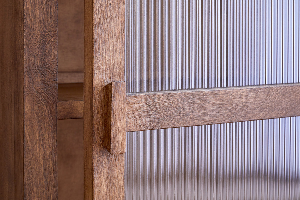 Mendani Mango Wood & Fluted Glass Glass Low Cabinet - Walnut Stain