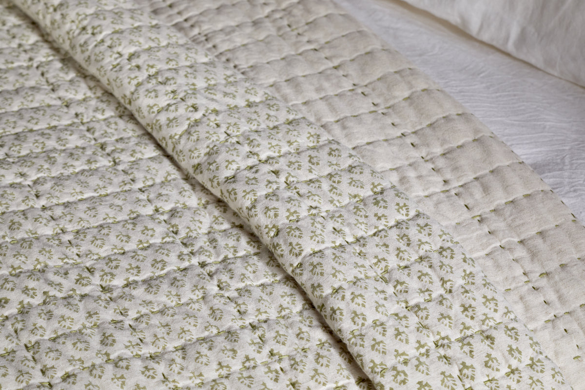 Peplu Cotton & Linen Block Print Bed Quilt - Sage Green-nkuku