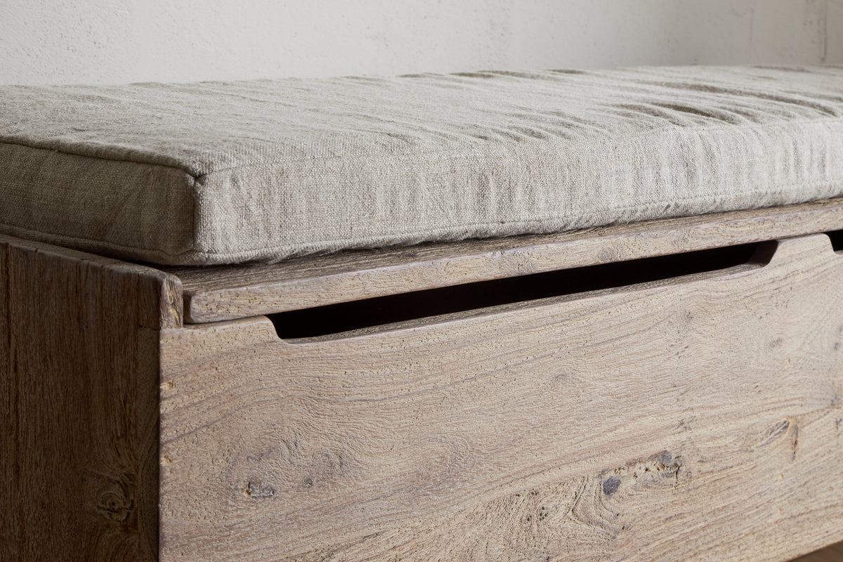 Teni Reclaimed Wood Storage Bench with Upholstered Linen Cushion ...