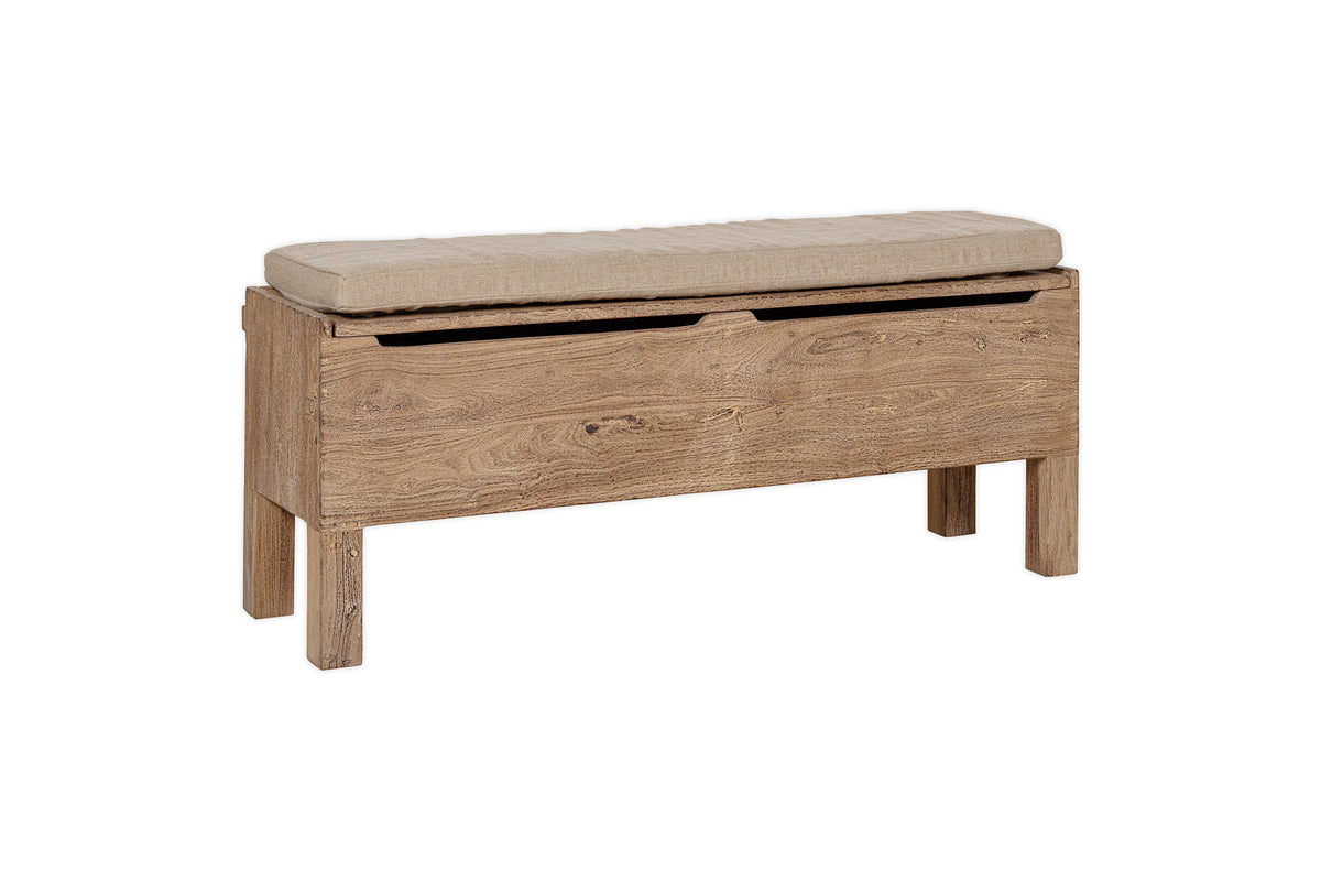 Teni Reclaimed Wood Storage Bench with Upholstered Linen Cushion ...