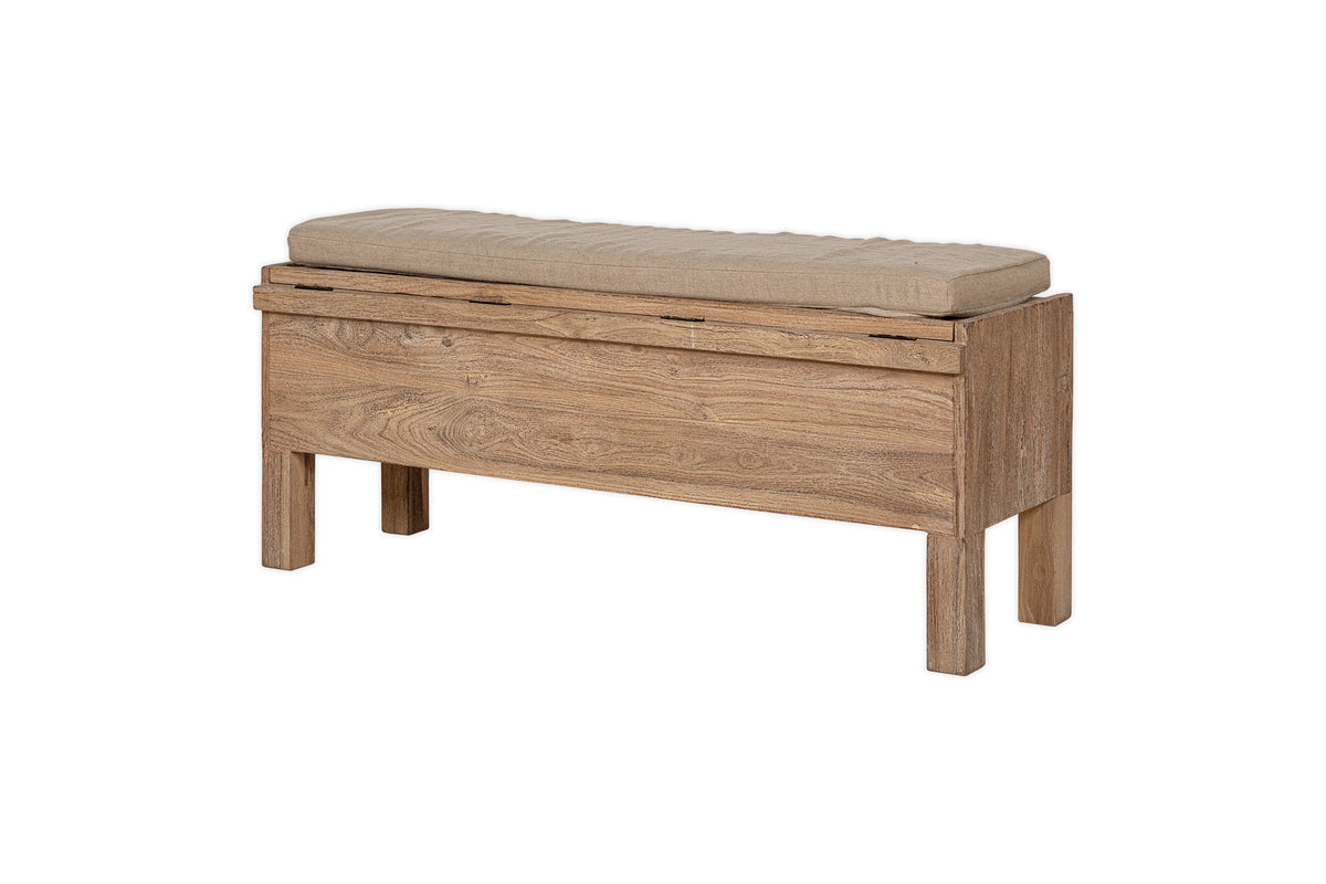 Teni Reclaimed Wood Storage Bench with Upholstered Linen Cushion ...